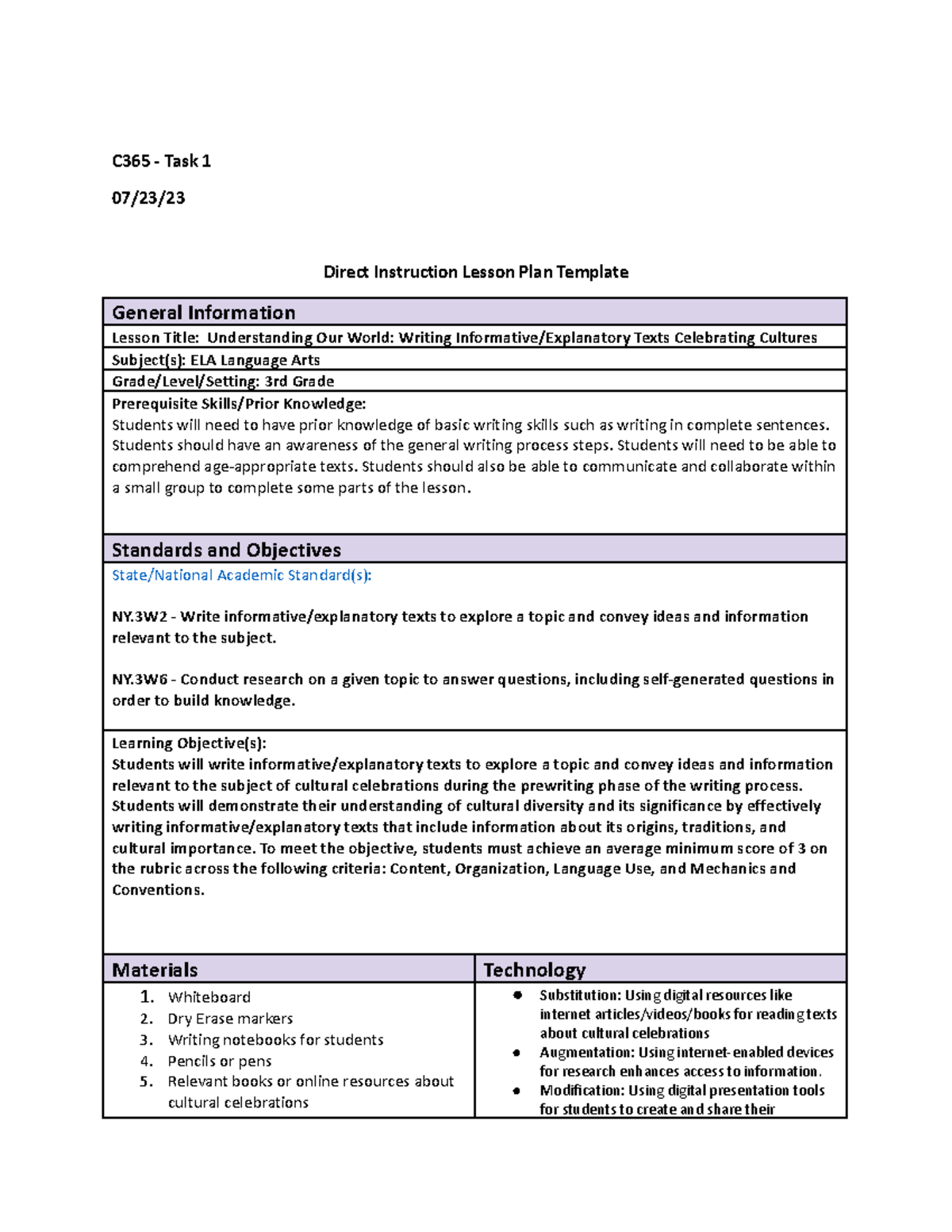 WGU C365 Lesson Plan Task 1: Exploring Cultural Celebrations in ELA - Studocu