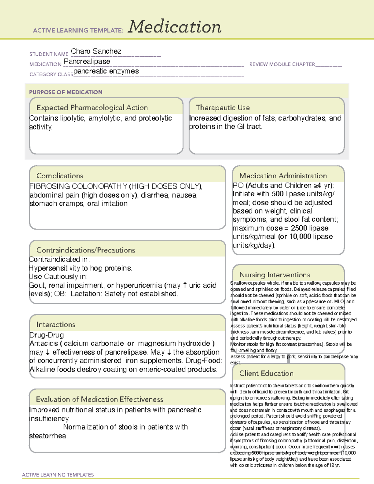 Pancrelipase Medication Overview - Active Learning Template - Studocu