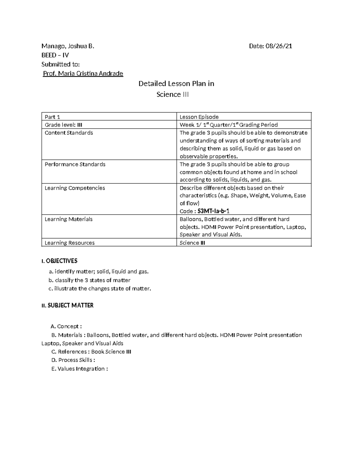 Detailed Lesson Plan in Science III - Grade 3: States of Matter - Studocu