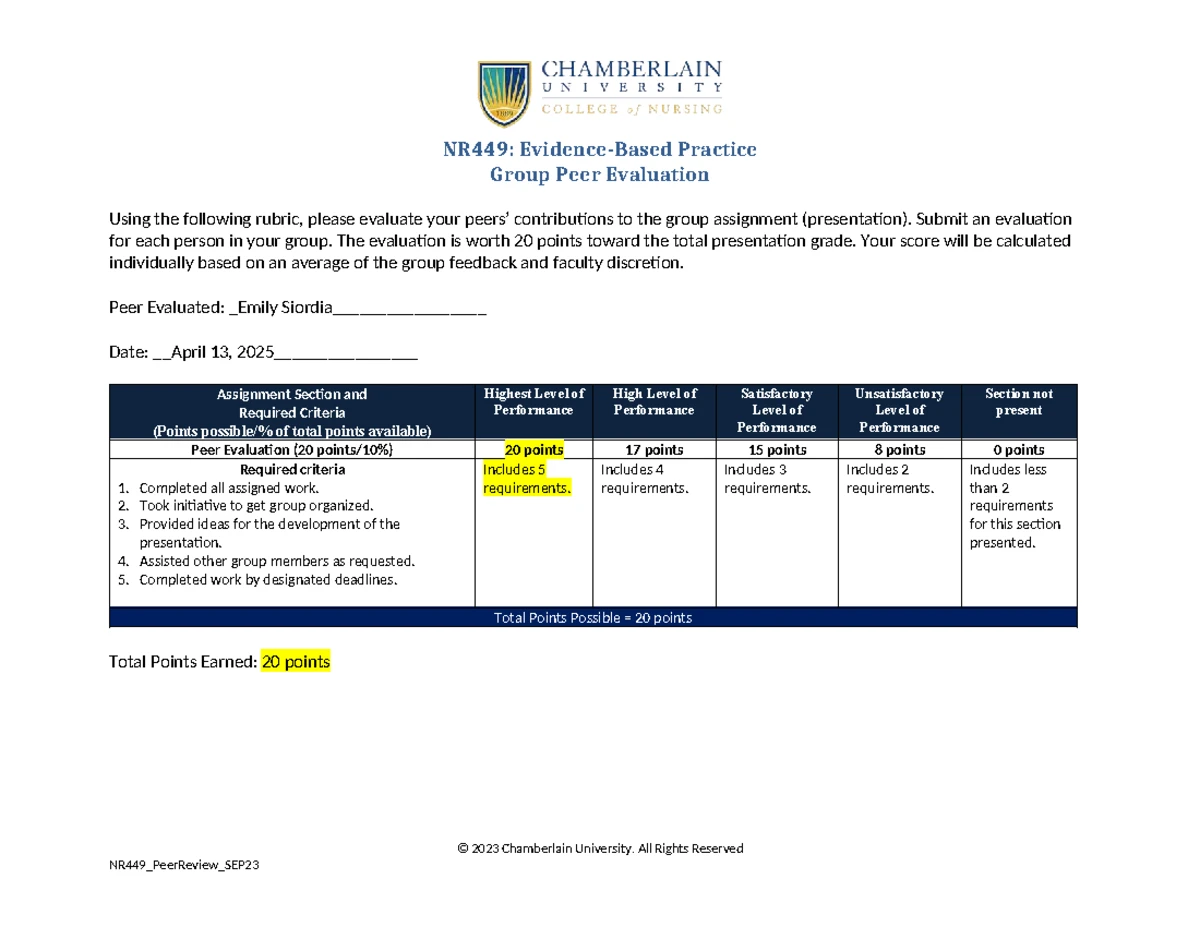 NR449: Peer Evaluation for Group Presentation - Regina Downton - Studocu