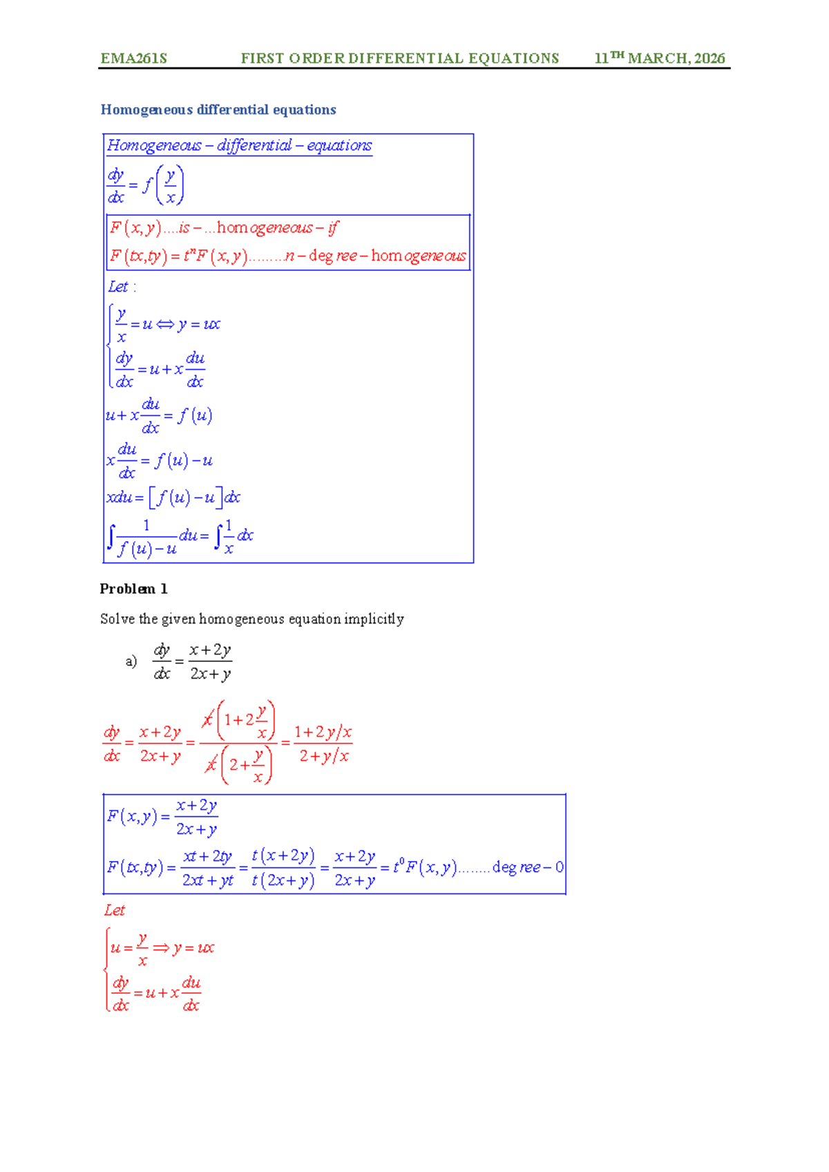 EMA261S Final Exam Notes on First Order Differential Equations - Studocu