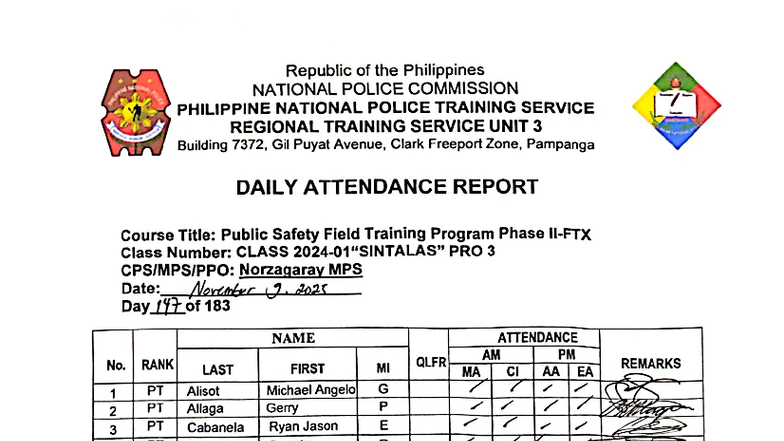 Daily Attendance Report - Public Safety Field Training Program CLASS ...