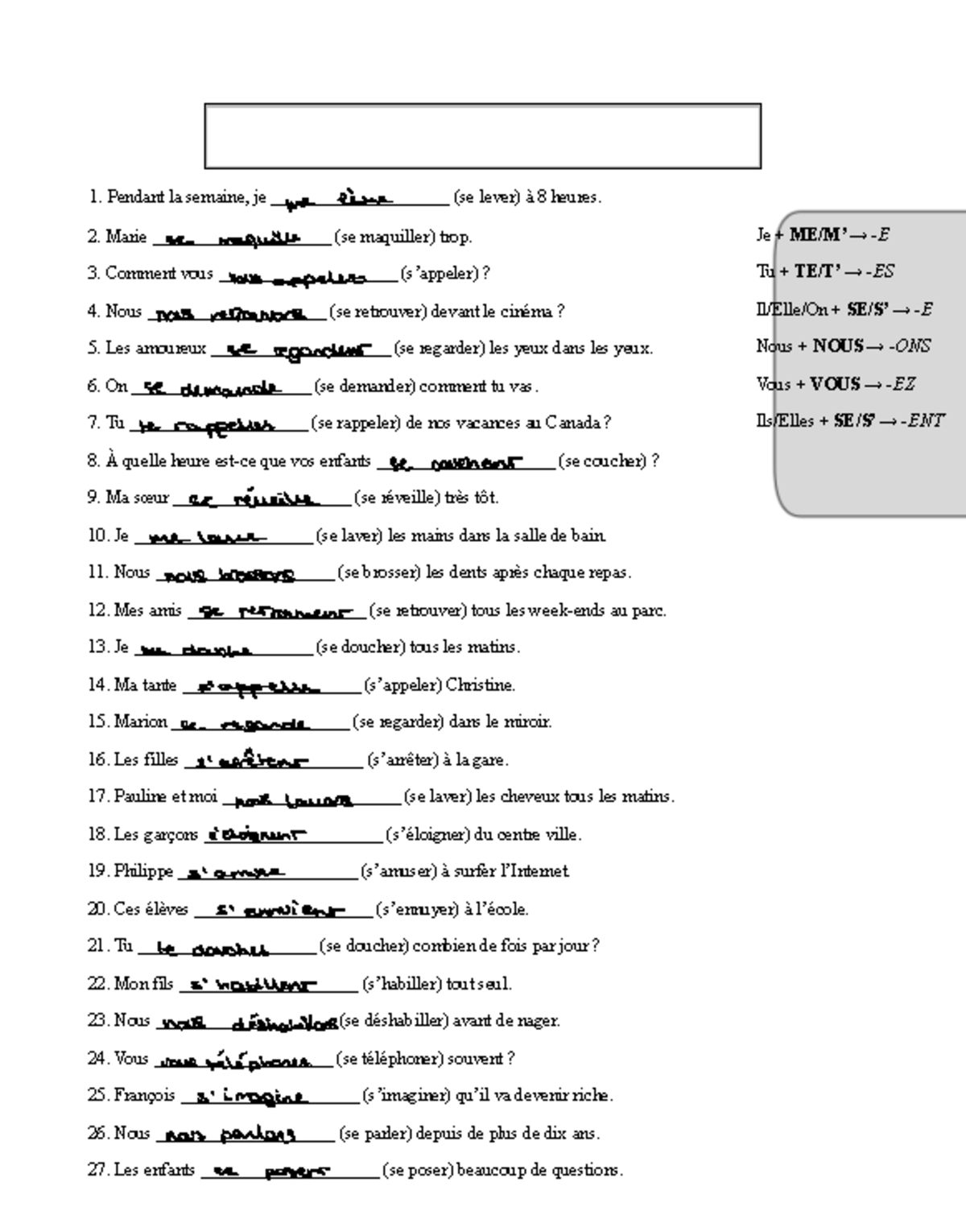 Les verbes pronominaux au présent - Exercice 1 - Studocu