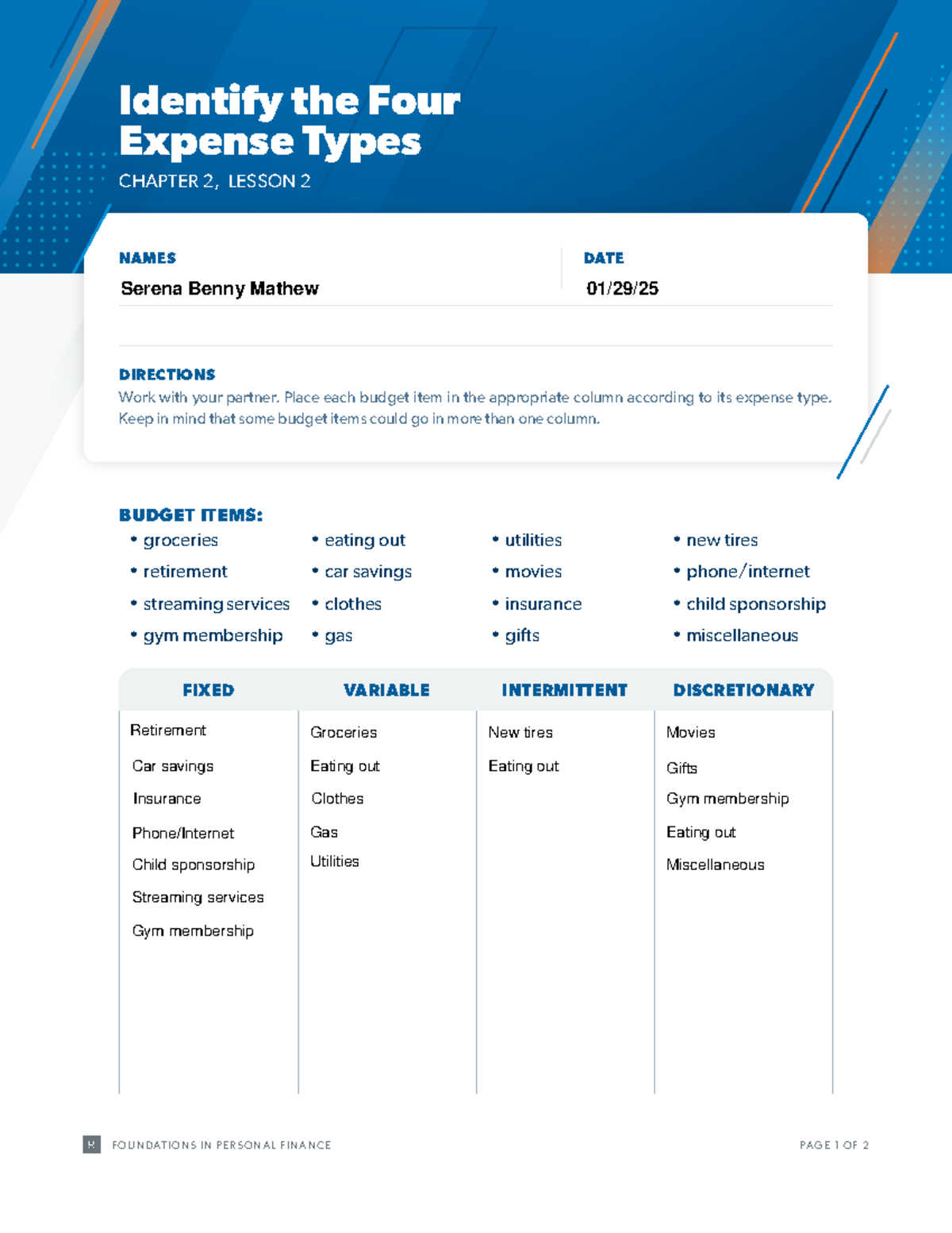 Chapter 2 lesson 2 - assignment - Identify the Four Expense Types ...