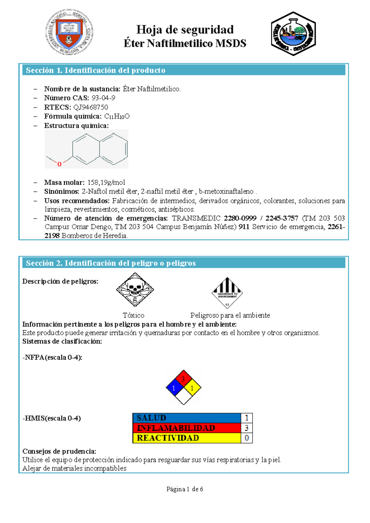 Hoja de Seguridad MSDS del Éter Naftilmetilico (CAS 93-04-9) - Studocu
