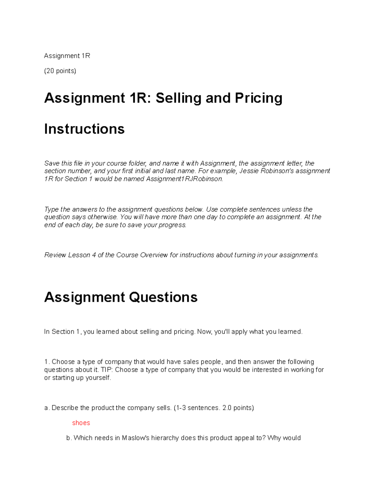 Assignment 1R: Selling and Pricing Strategies in Sales Management - Studocu