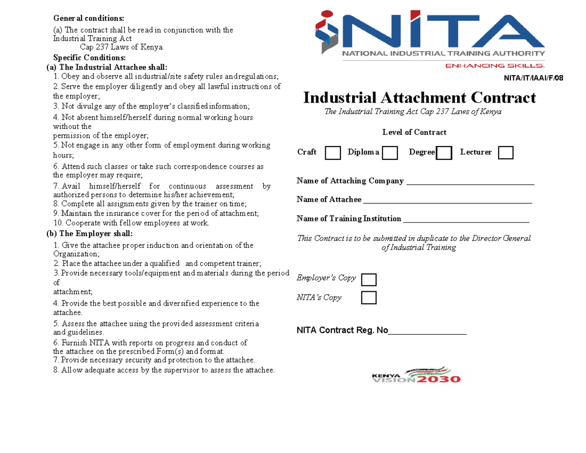 NITA Form: Industrial Attachment Contract Guidelines - Studocu
