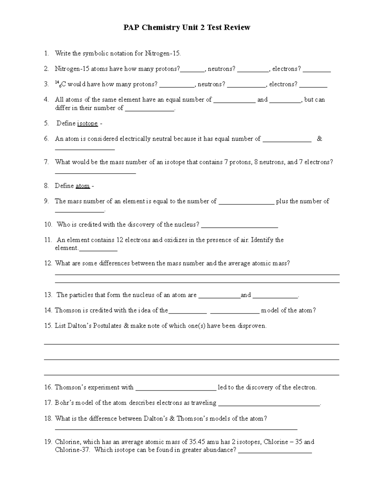 PAP Chemistry Unit 2 test review: Atoms, isotopes, and bonding concepts ...
