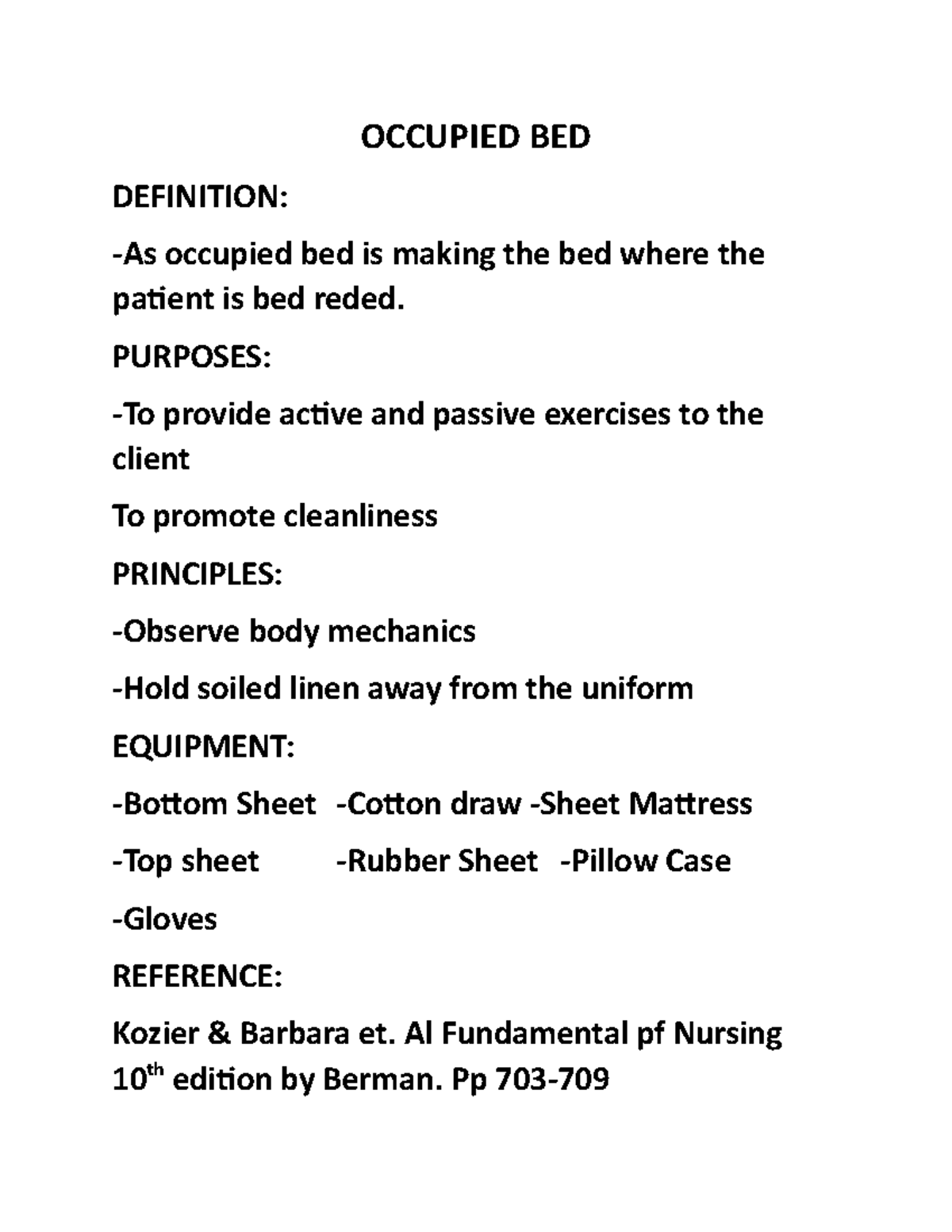Occupied Bed Making Steps and Rationale - Nursing Fundamentals - Studocu