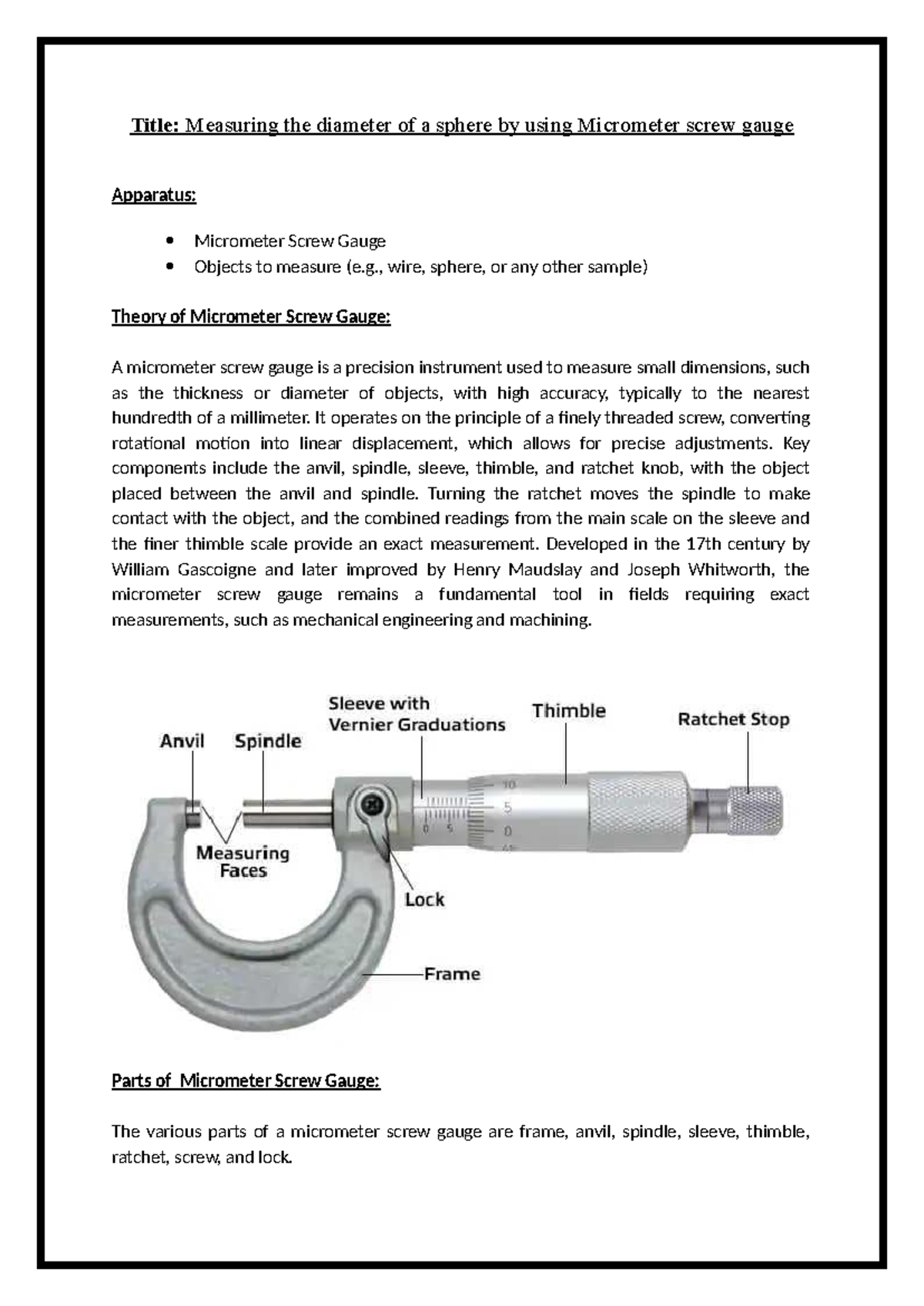 Lab Report - Measuring Sphere Diameter Using Micrometer Screw Gauge ...