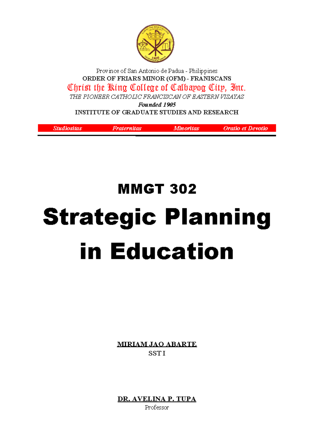 Final Strategic Planning for MMGT 302: Enhancing Educational Outcomes ...
