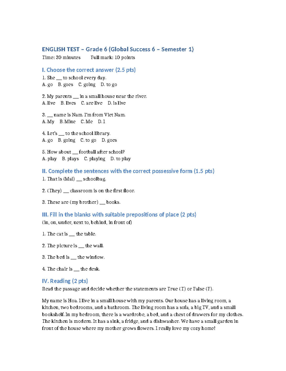 English Test Grade 6 (Global Success 6 Sem 1) - Full Mark: 10 Points ...