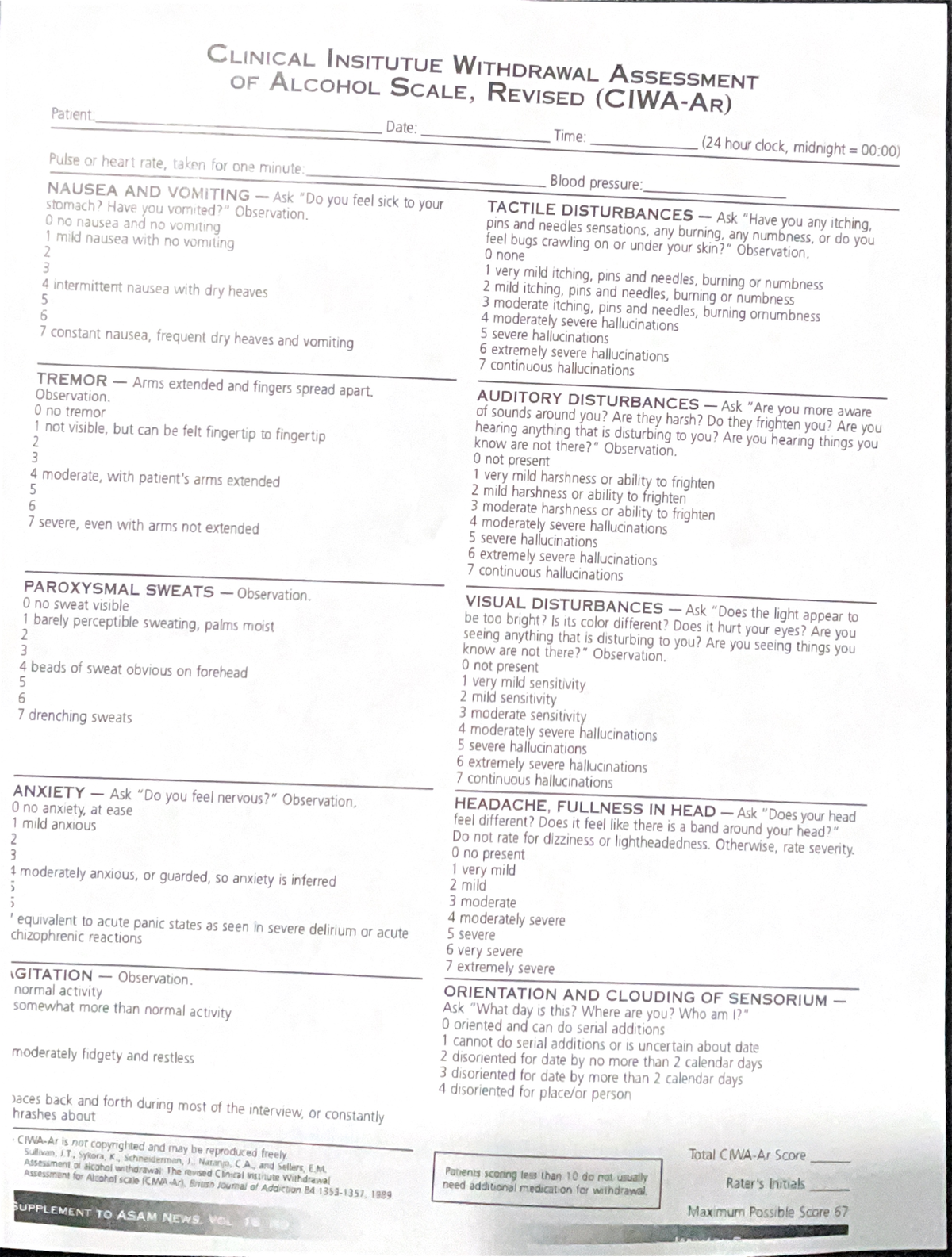 Ciwa - Assessment - CLINICAL INSITUTUE WITHDRAWAL ASSESSMENT OF ALCOHOL ...
