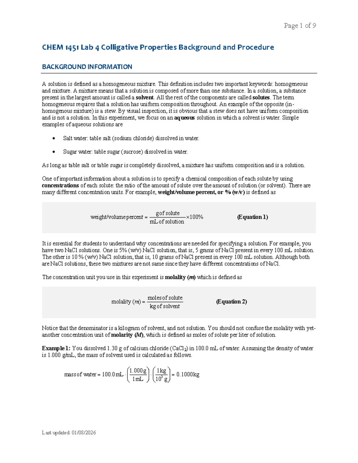 CHEM 1451 Lab 4: Colligative Properties - Background & Procedure - Studocu
