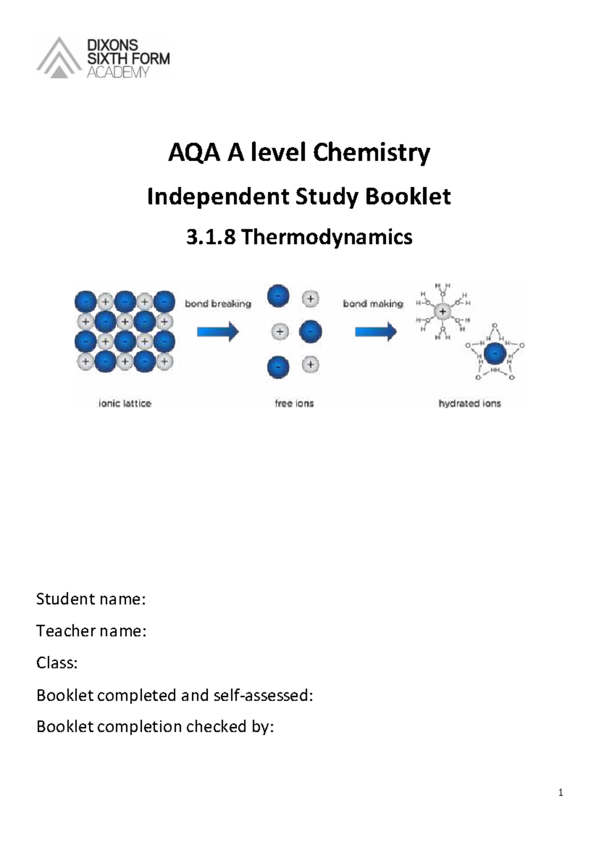 AQA A Level Chemistry Independent Study Booklet 3.1.8: Thermodynamics ...