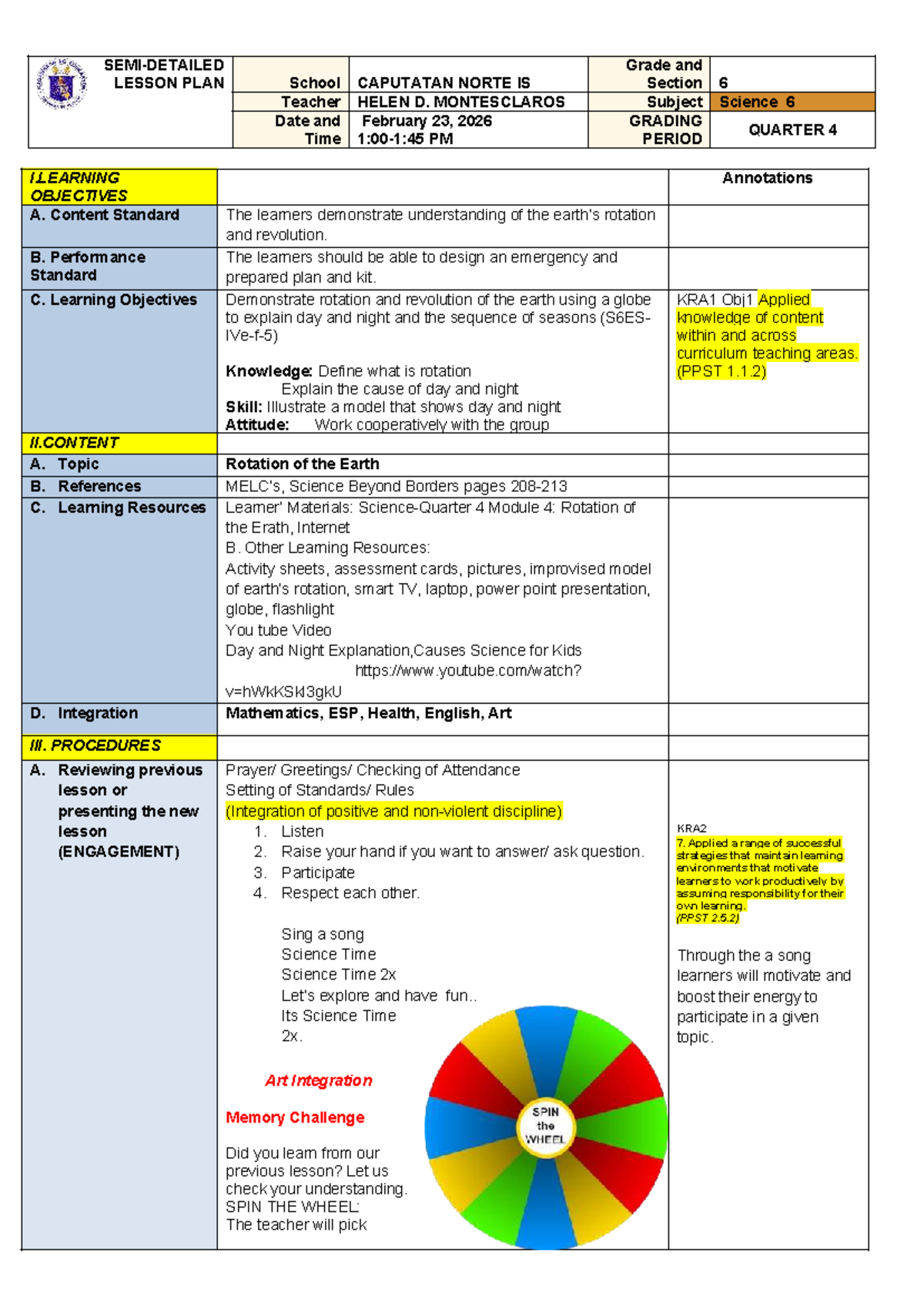 Lesson Plan: Rotation of the Earth (Grade 6 Science, Quarter 4) - Studocu