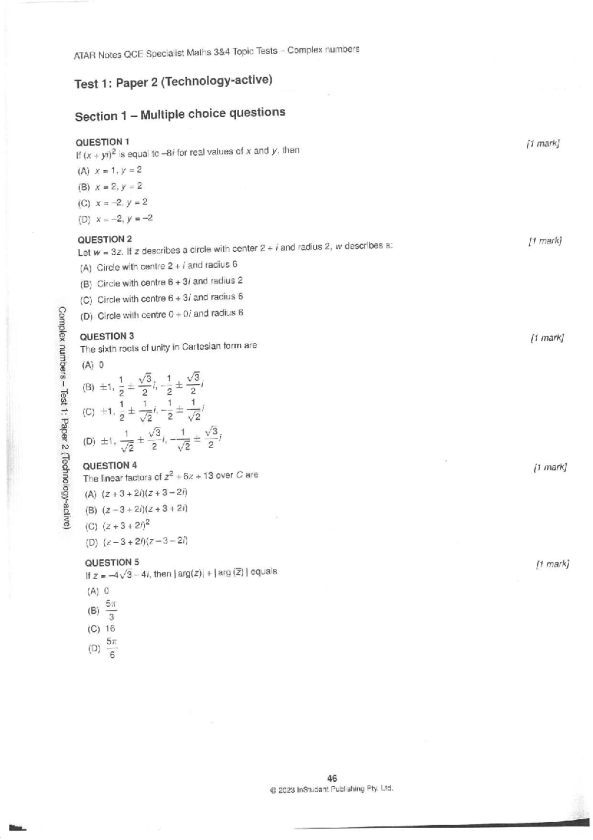 ATAR Notes QCE Specialist Maths Test 1: Complex Numbers Paper 2 - Studocu