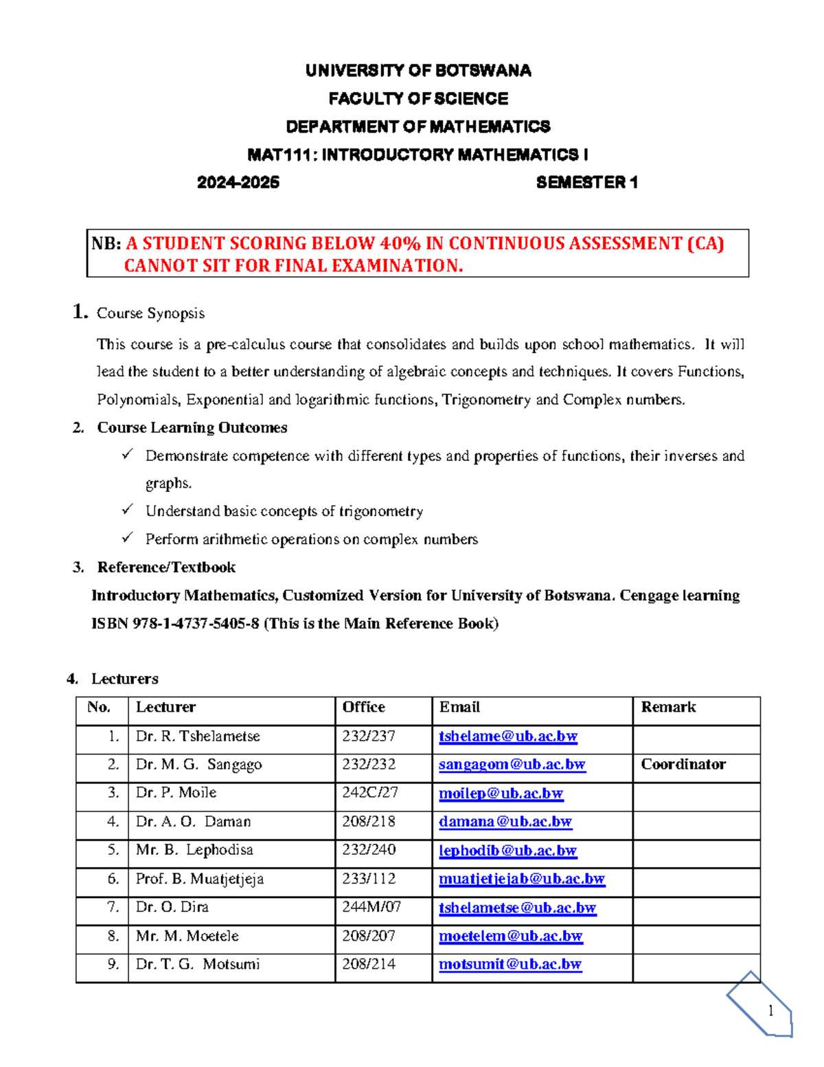 MAT111 Introductory Mathematics I Course Scheme (2024-2025 Sem 1) - Studocu