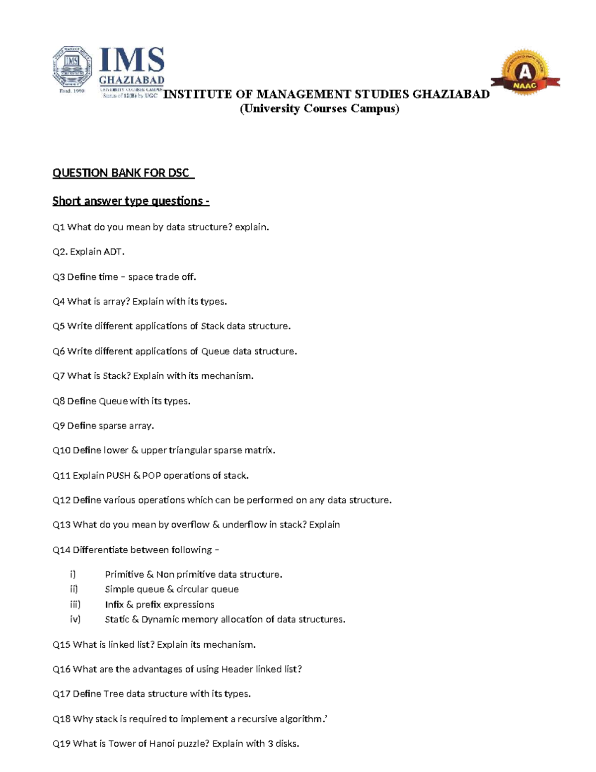 Question Bank for DSC: Data Structures Short & Long Answers - Studocu