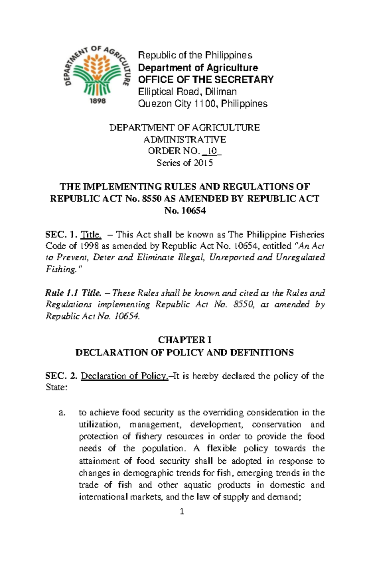 IRR of RA 10654: Implementing Rules for Fisheries Code - Studocu
