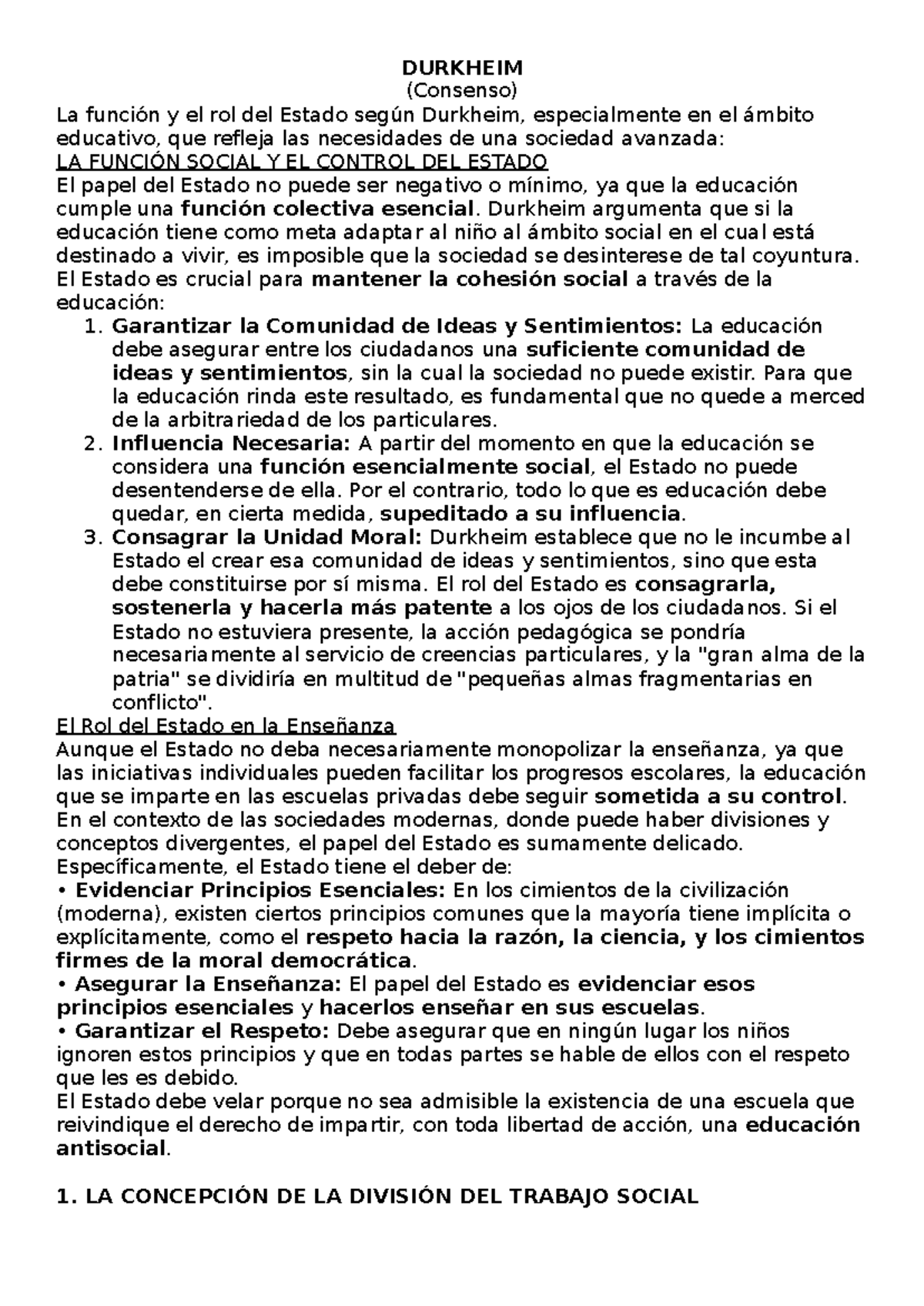 DURKHEIM (Consenso) La Función del Estado en la Educación Social - Studocu
