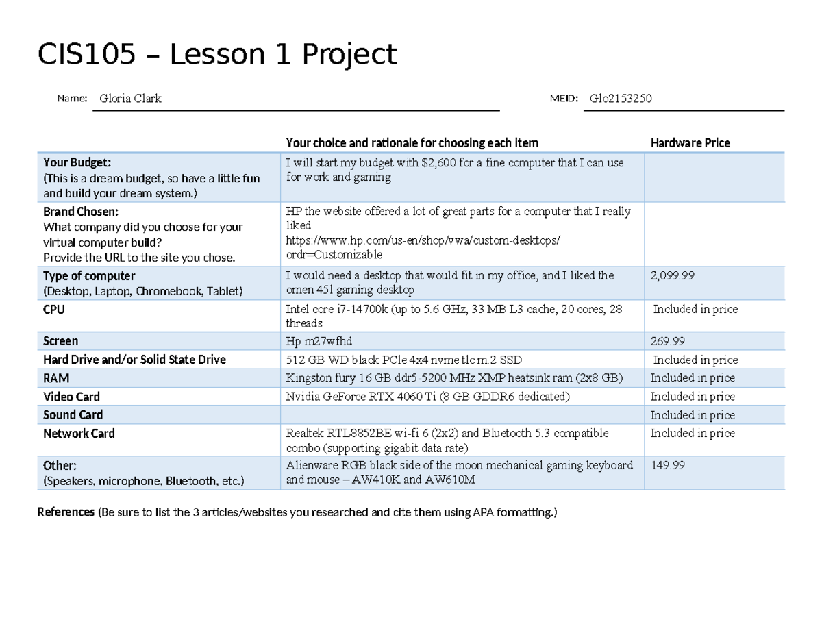 CIS105 Lesson 1 Project: Dream Computer Build Budget Overview - Studocu