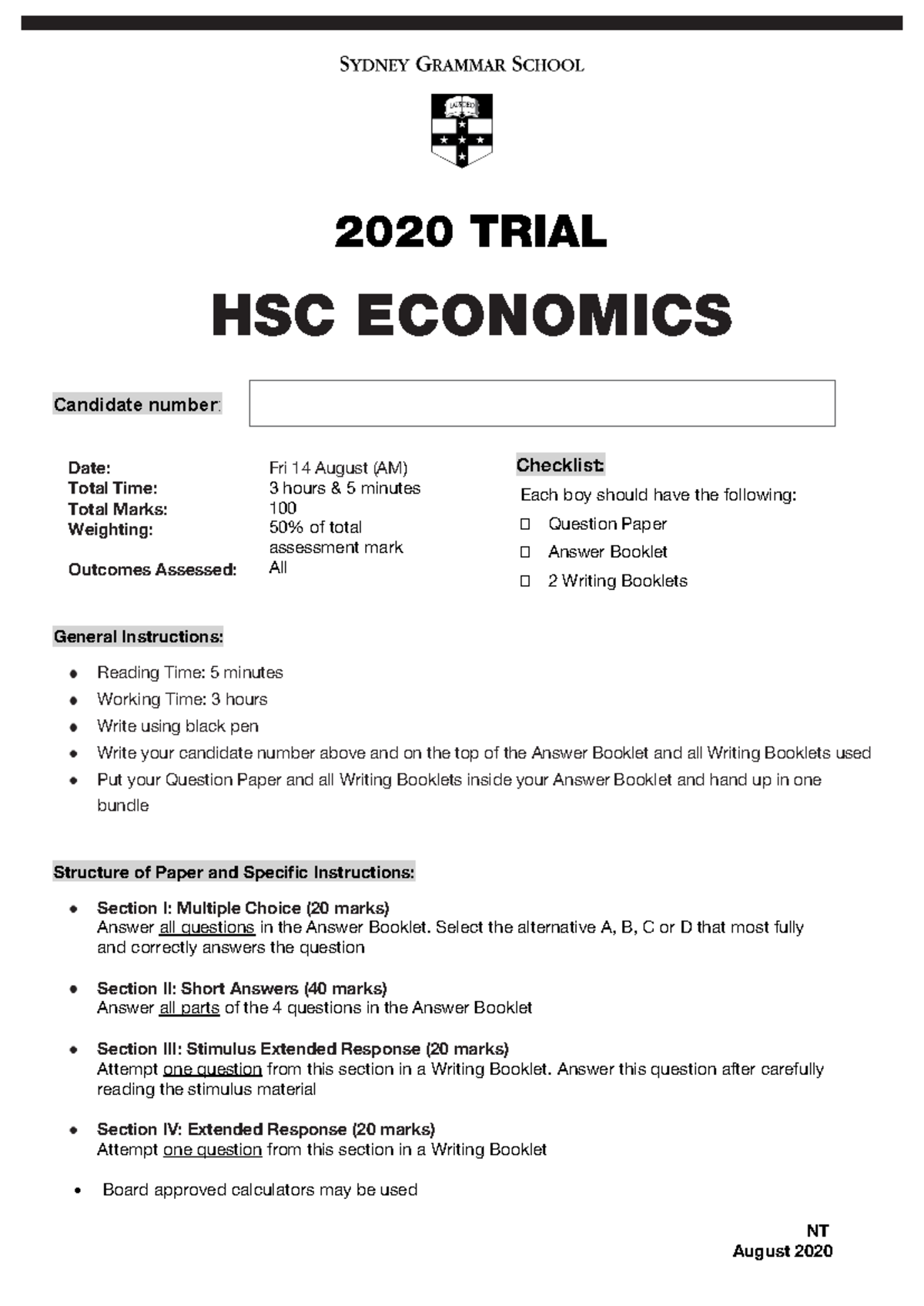 2020 HSC Economics Trial Exam Practice Paper - Candidate Instructions ...