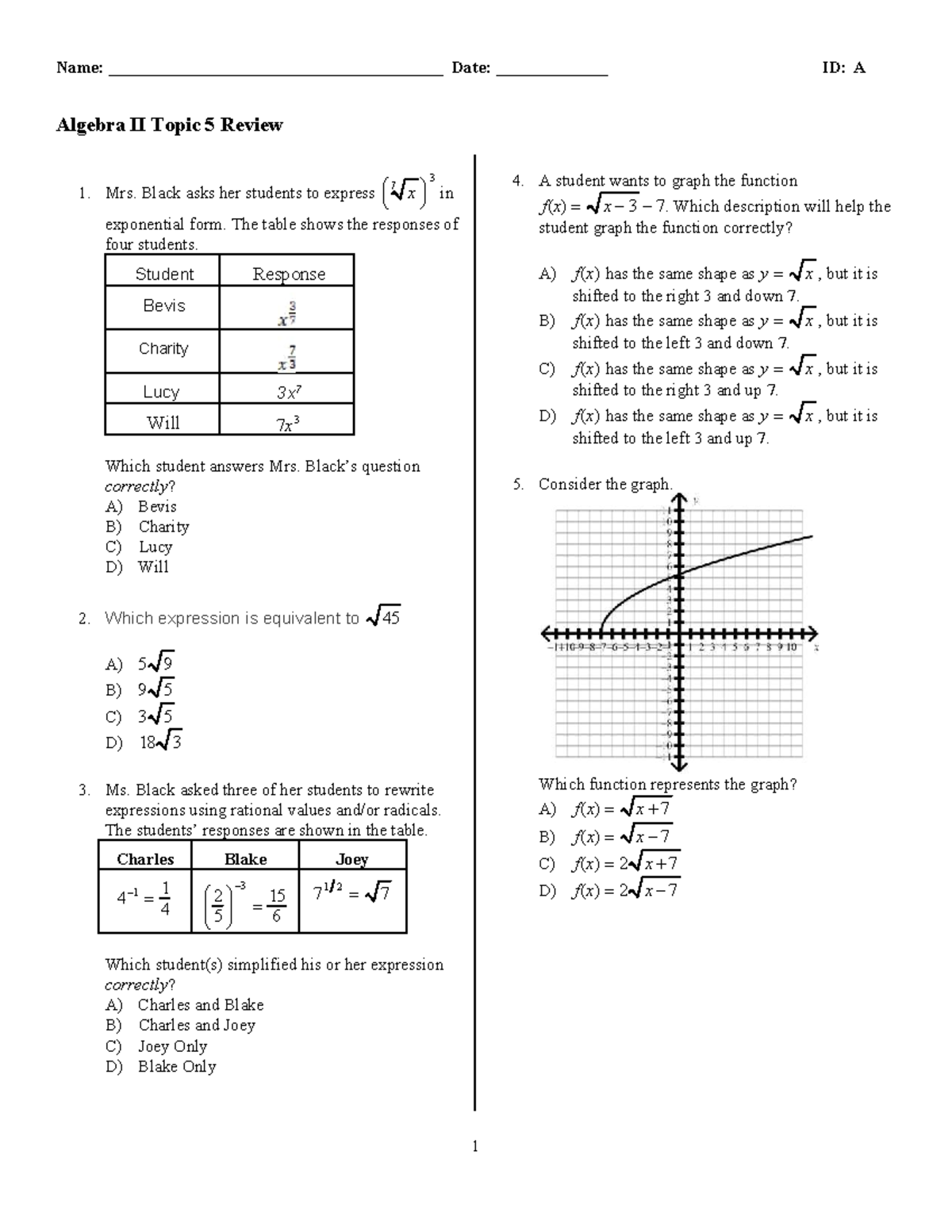 Algebra II (A) Topic 5 Review: Practice Questions & Answers - Studocu