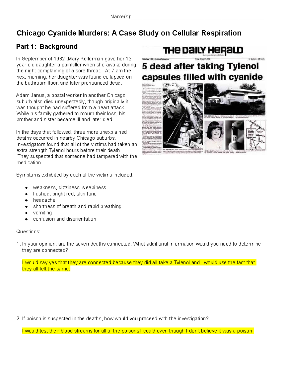 Case Study: Chicago Cyanide Murders (CS 101) - Cellular Respiration ...