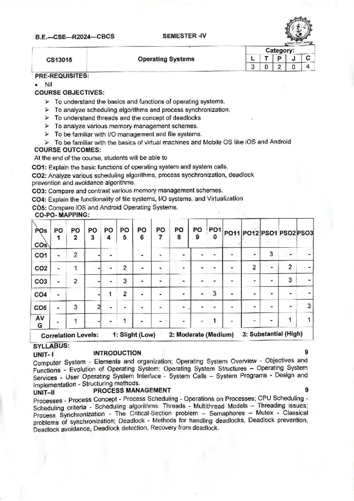 CS13015 Operating Systems: Course Objectives & Syllabus Overview - Studocu