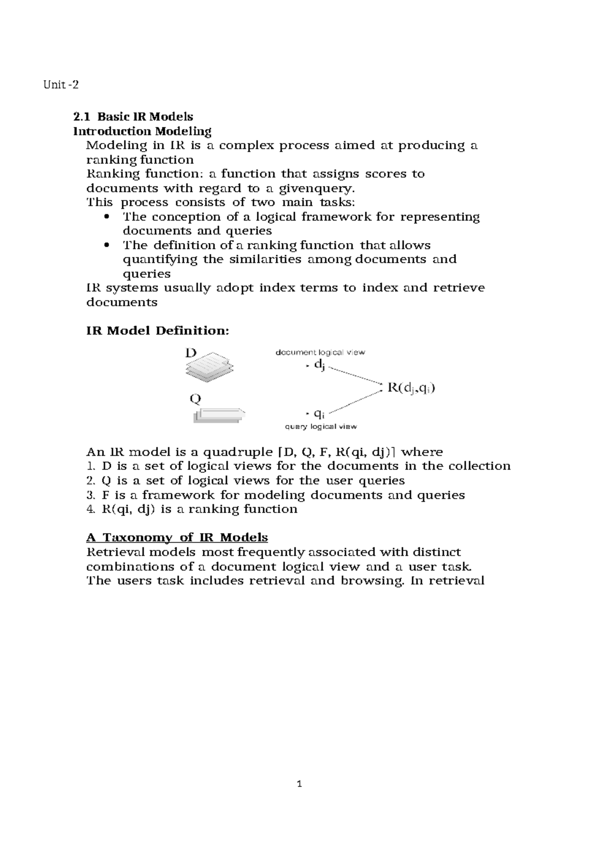 IRT- Unit 2.1: Introduction to Basic Information Retrieval Models - Studocu