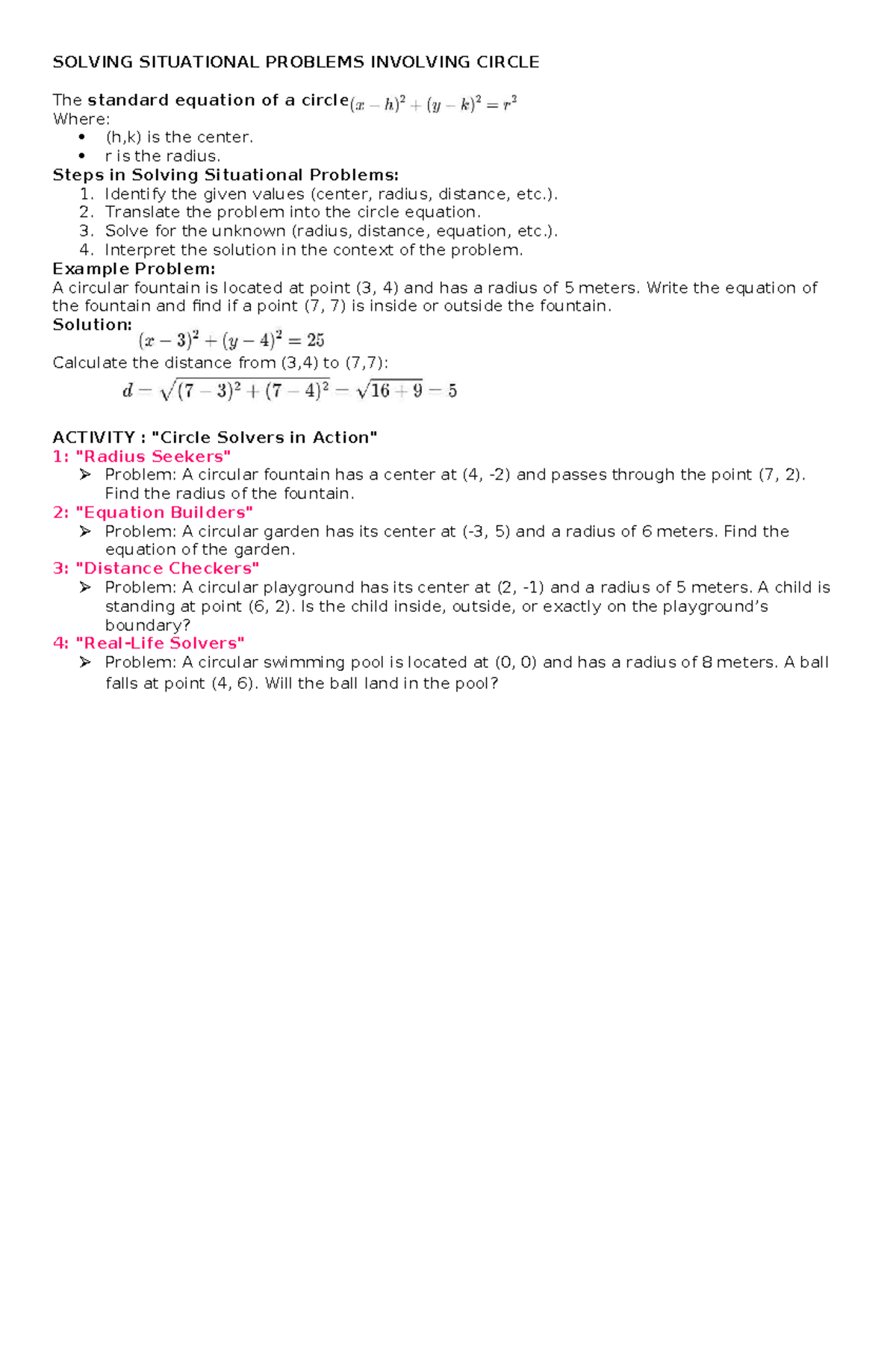 MATH 101: Solving Situational Problems Involving Circles - Studocu