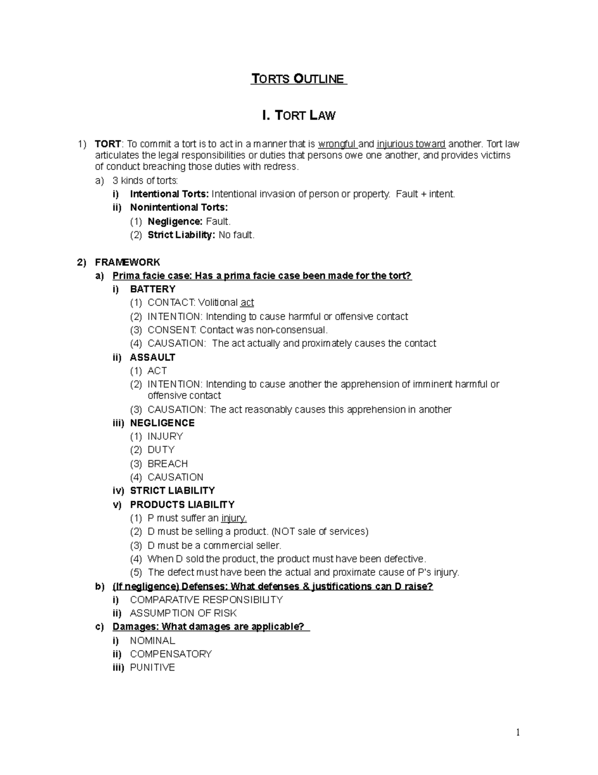 Torts Law Outline (2022) - Key Concepts and Frameworks - Studocu