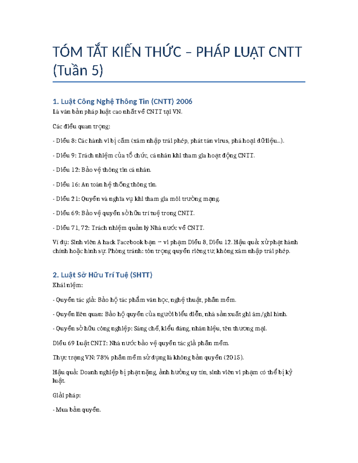 Tóm Tắt Kiến Thức Pháp Luật CNTT - Đạo Đức Nghề Nghiệp (Ktra Lần 2) - Studocu