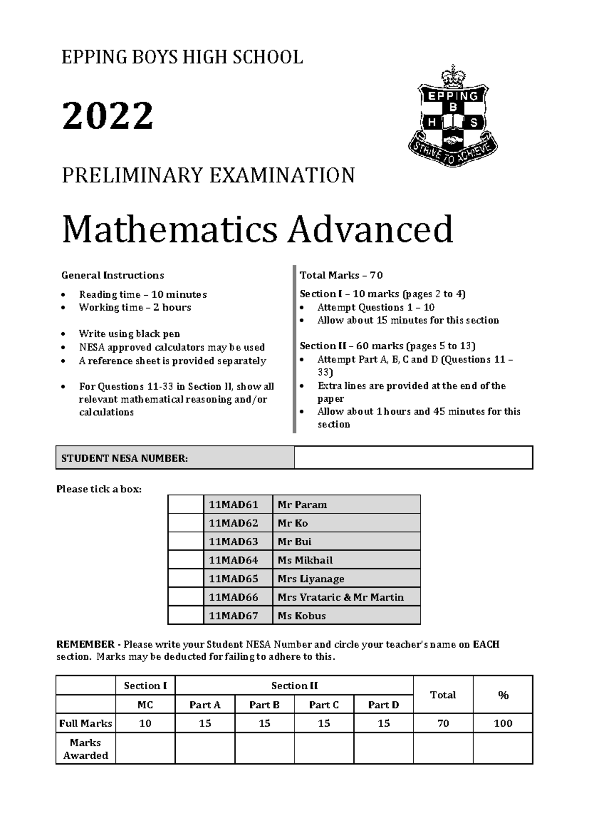 2022 EPPING BOYS HIGH SCHOOL Yr11 Adv T3 Preliminary Exam Mathematics ...