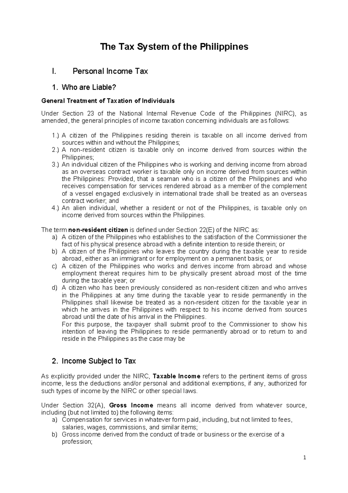 Income TAX1 - Lecture notes for students who are reviewing. - Bachelor ...