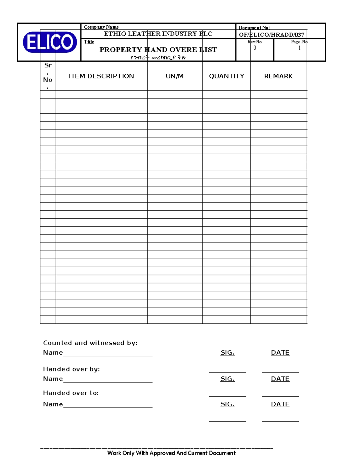 HAND OVER Format - Sr . No . ITEM DESCRIPTION UN/M QUANTITY REMARK ...