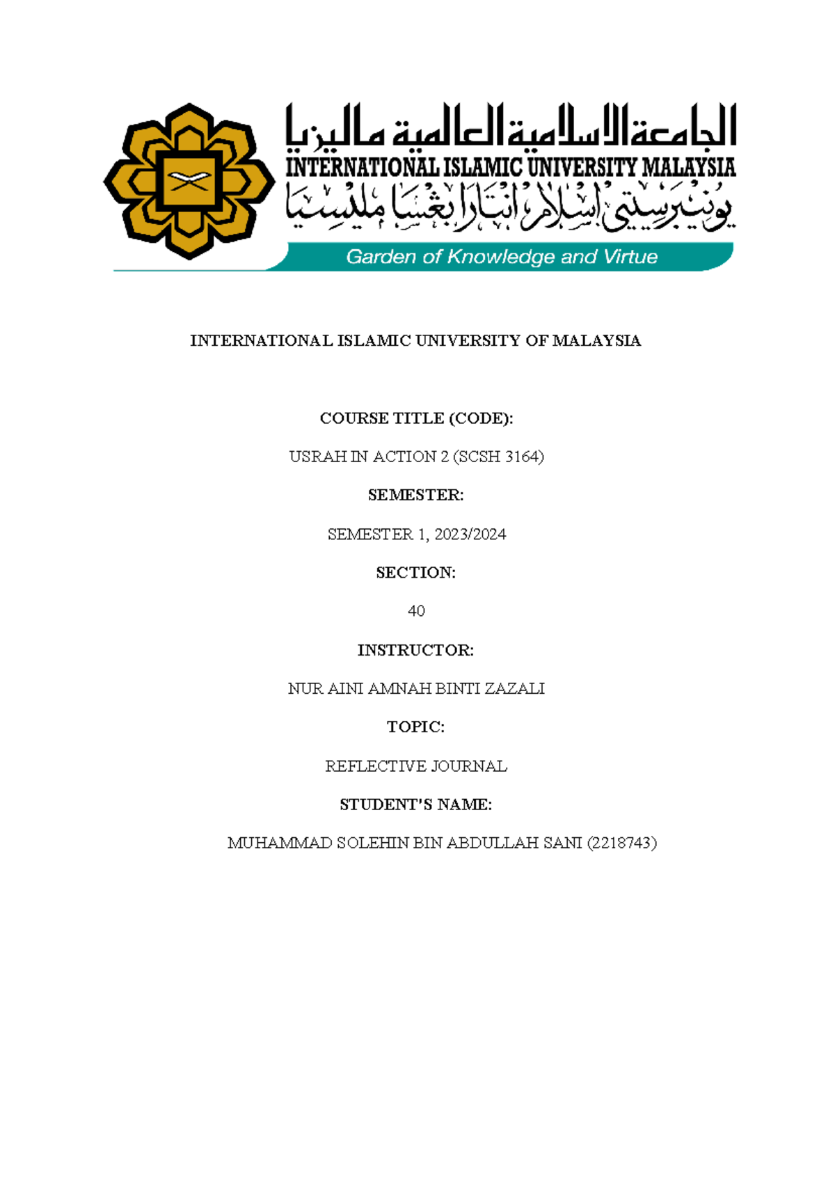 Reflective Journal for USRAH IN ACTION 2 (SCSH 3164) - Semester 1, 2023 ...