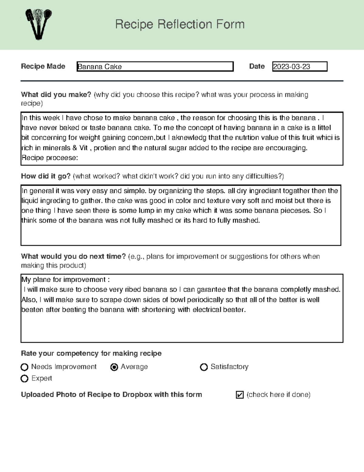 Baked product Recipe Reflection - htm 2700 - Recipe Reflection Form ...