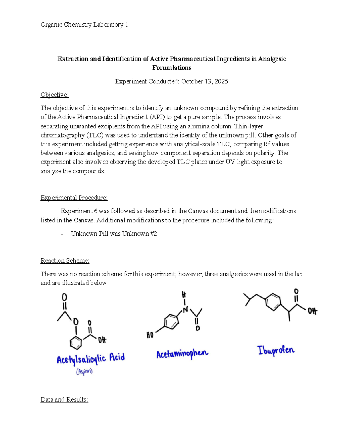 Organic Chemistry Lab 1: Extraction & TLC Analysis of Analgesics - Studocu