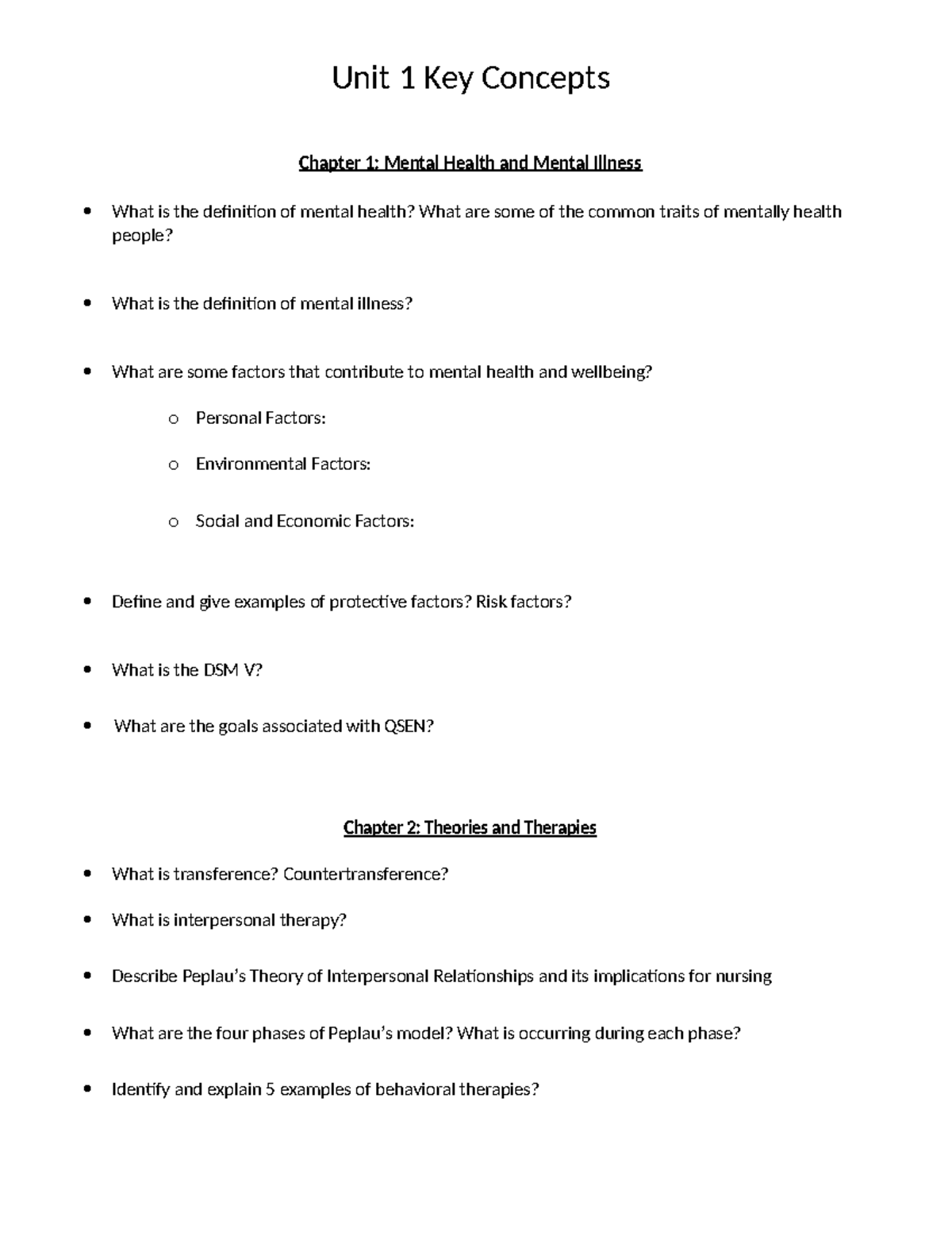 NSG3450 Unit 1 Key Concepts - Unit 1 Key Concepts Chapter 1: Mental Health and Mental Illness ...