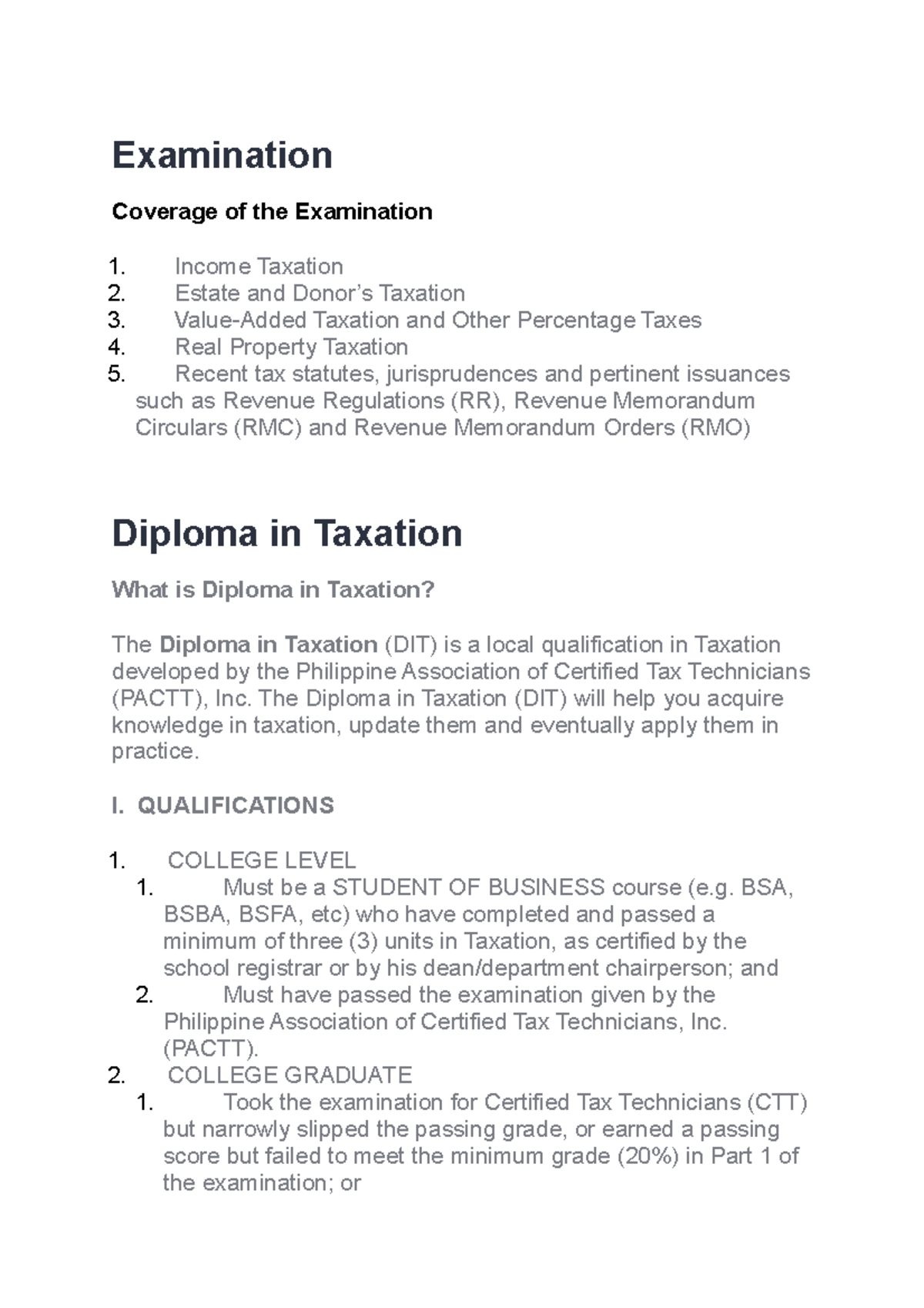 Coverage for Certified Tax Technician Examination (CTT) - Studocu
