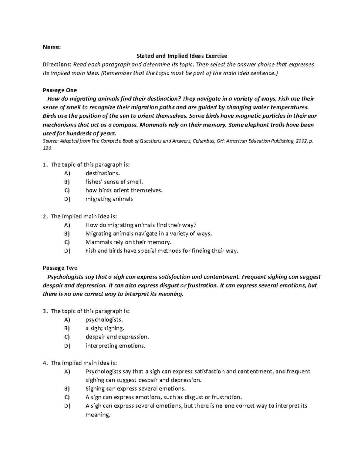 Implied Main Ideas Exercise: Understanding Topics and Inferences - Studocu