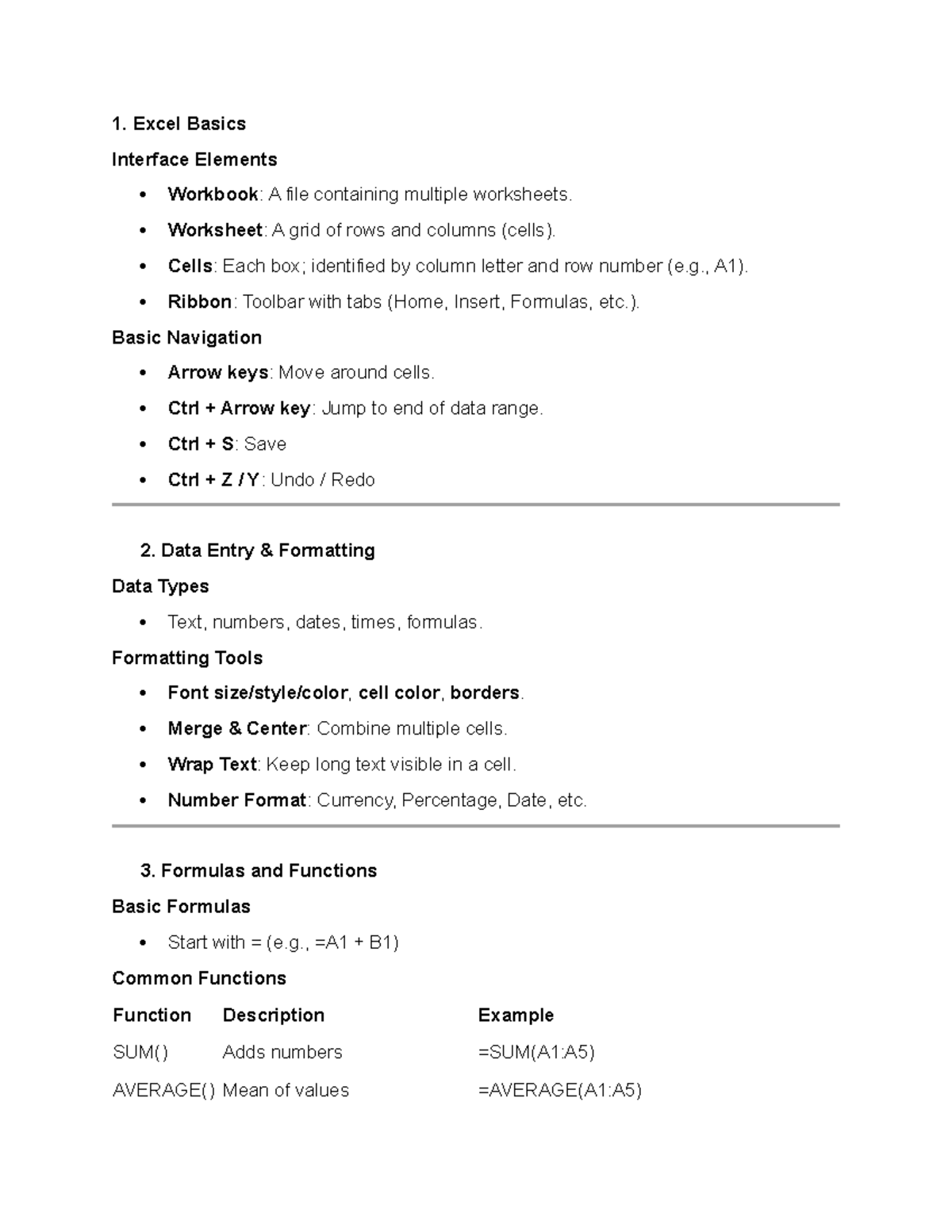 Excel notes - Summary Academic information management - 1. Excel Basics ...