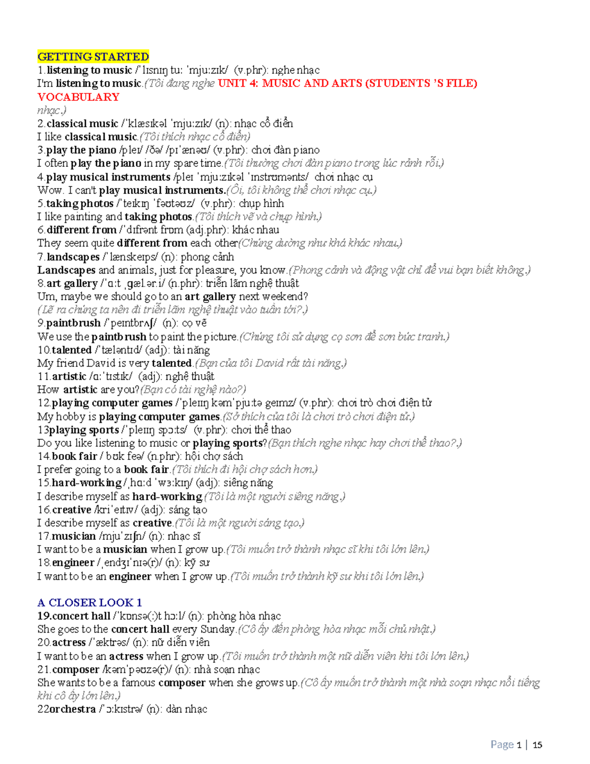 UNIT 4: MUSIC AND ARTS - VOCABULARY & PRACTICE NOTES - Studocu