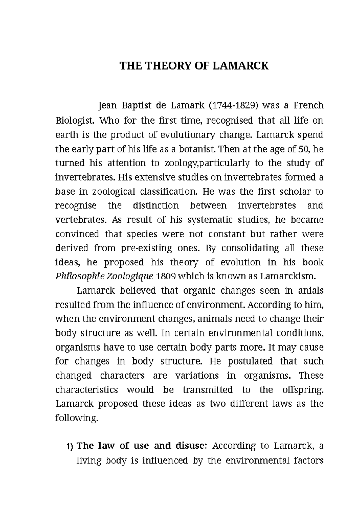 The theory of Lamarck - Lamarckism - THE THEORY OF LAMARCK Jean Baptist ...