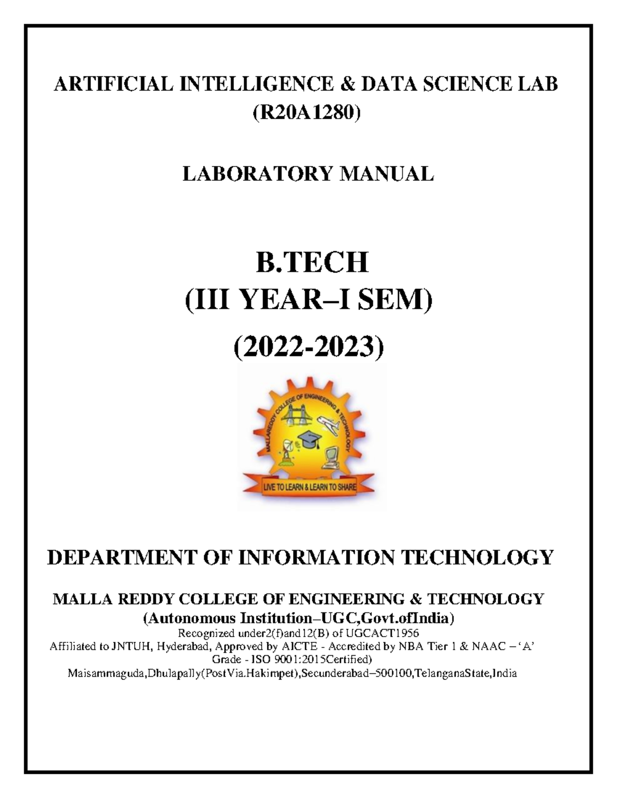 Artificial Intelligence & Data Science Lab Manual (R20A1280) - Studocu