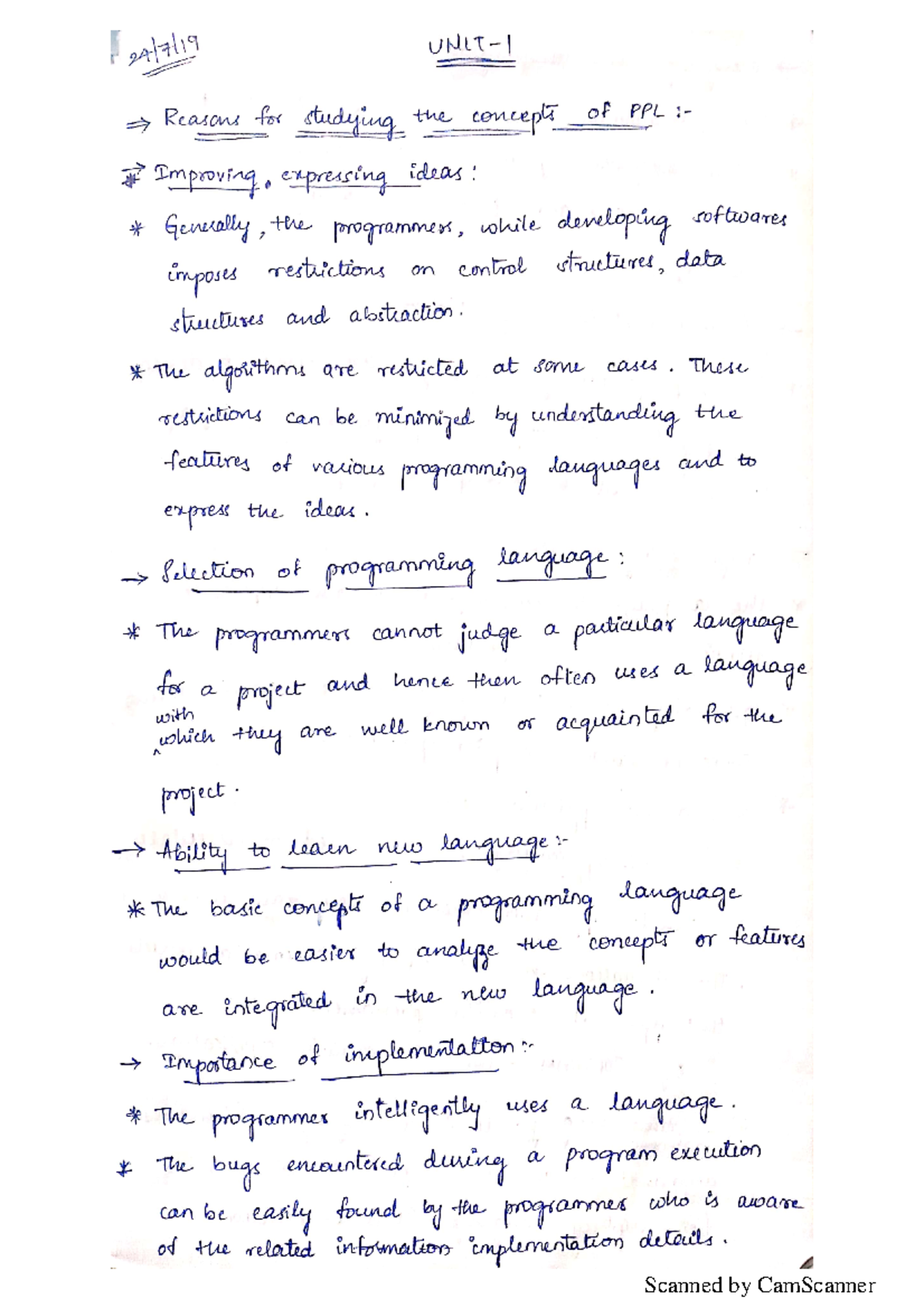 PPL 101 - Unit 1 Handwritten Notes on Programming Languages Concepts ...