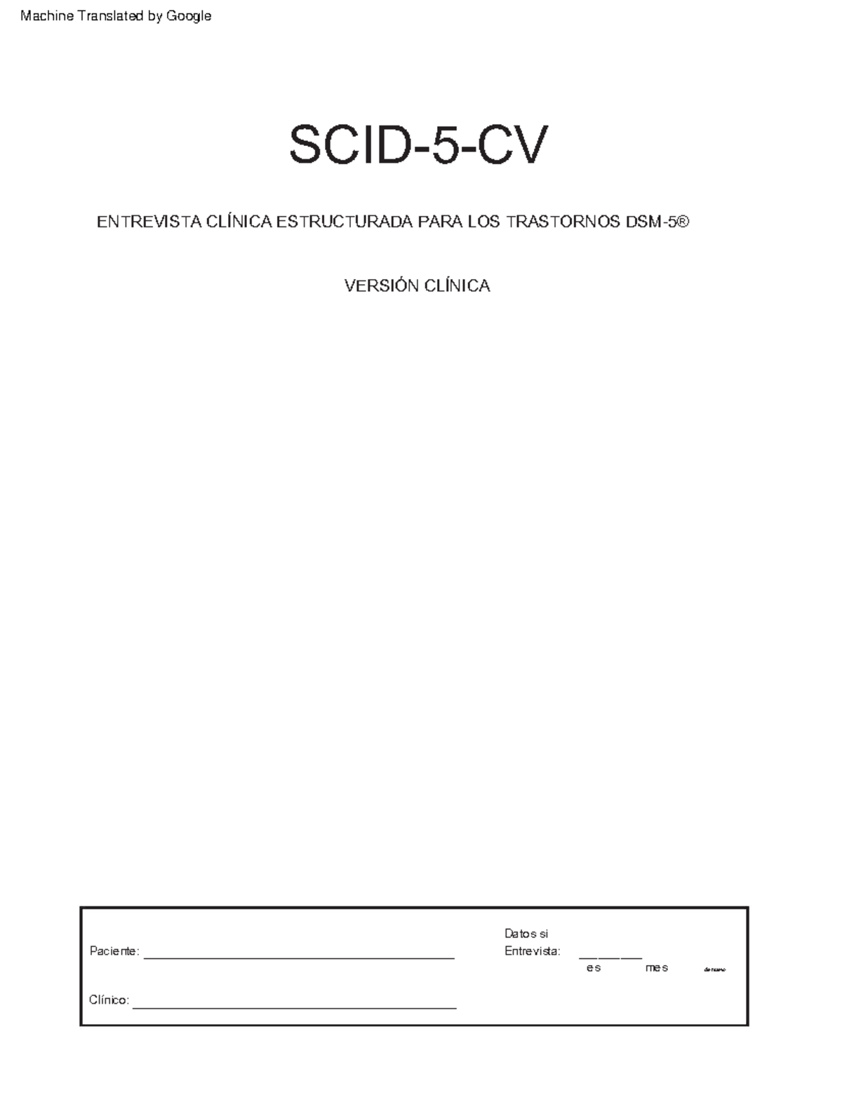 SCID-5 CV: Formulario de Puntuación y Diagnóstico Completo en Español ...
