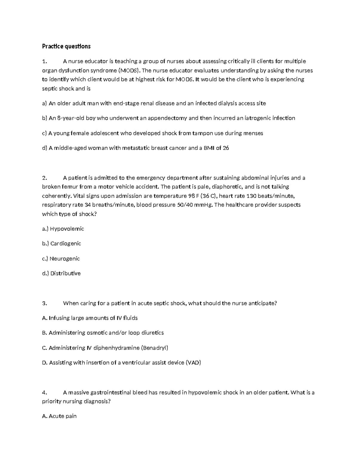 Shock Practice Questions for Nursing: Assessments & Interventions - Studocu